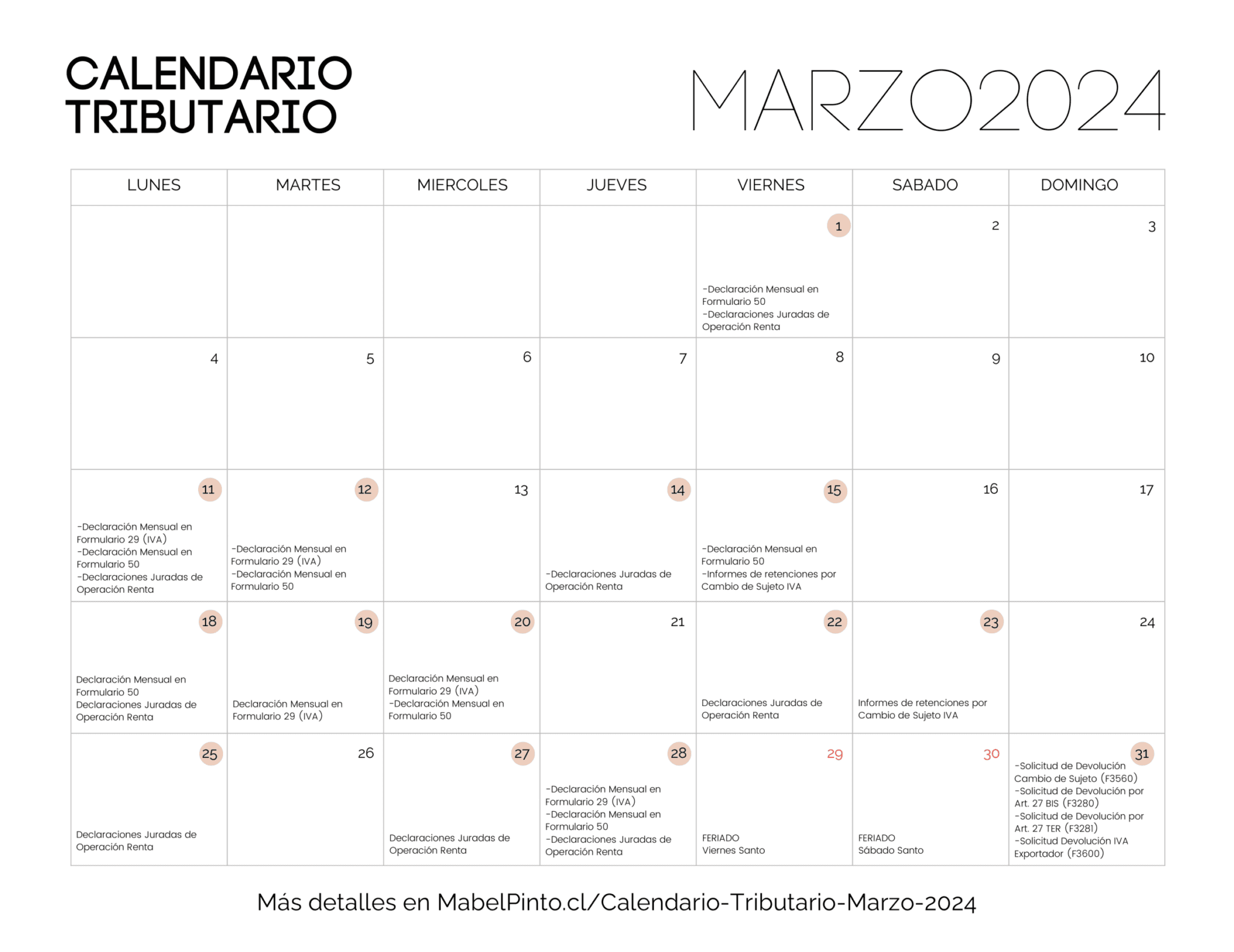 Calendario Tributario Marzo 2024 | Mabel Pinto