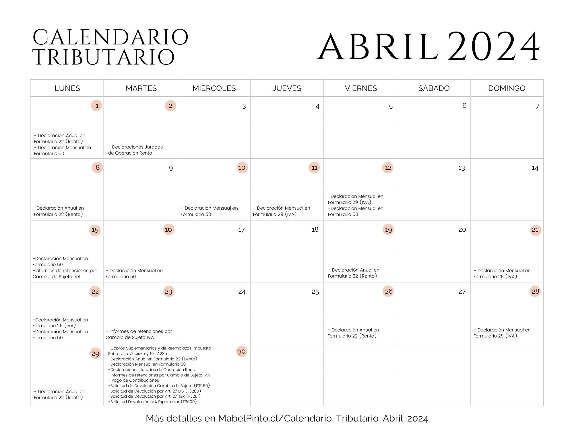 Calendario Tributario Abril 2024 | Mabel Pinto